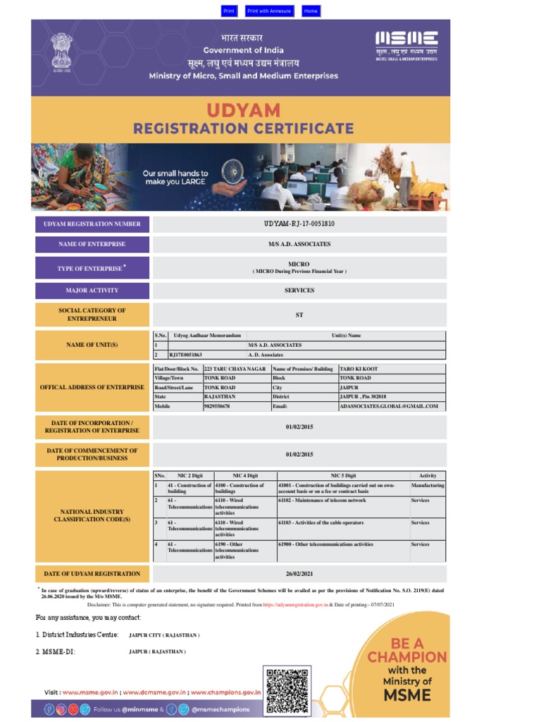 Udyam Registration Certificate for A.D. Associates | PDF ...