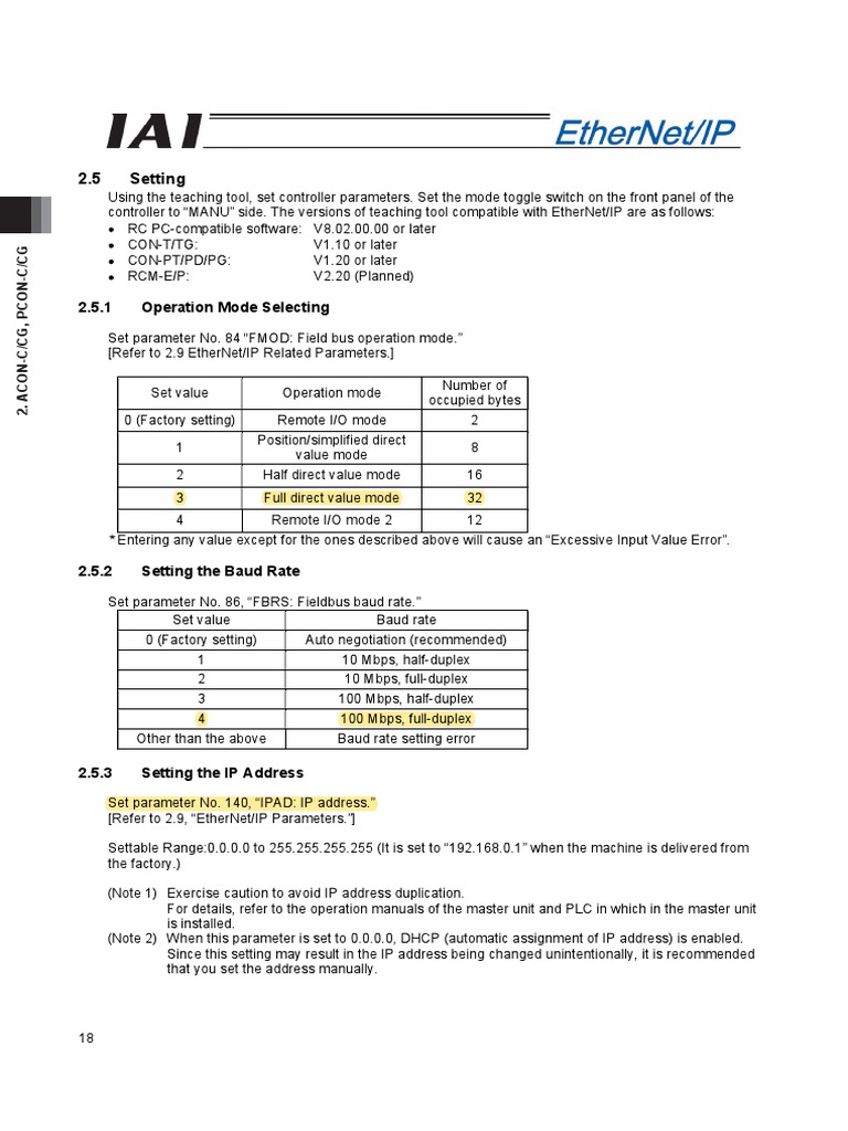 SETTING IAI Ethernet | PDF | Duplex (Telecommunications) | Ip Address