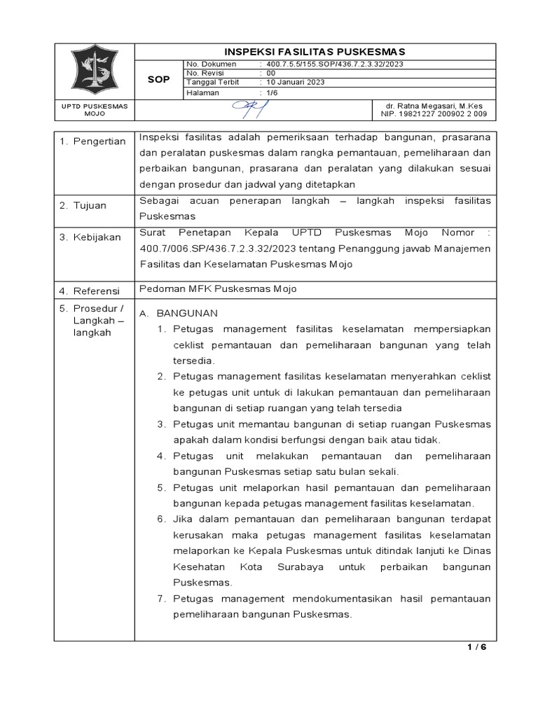 Sop Inpeksi Fasilitas Bangunan, Prasaranan Dan Peralatan Puskesmas | PDF