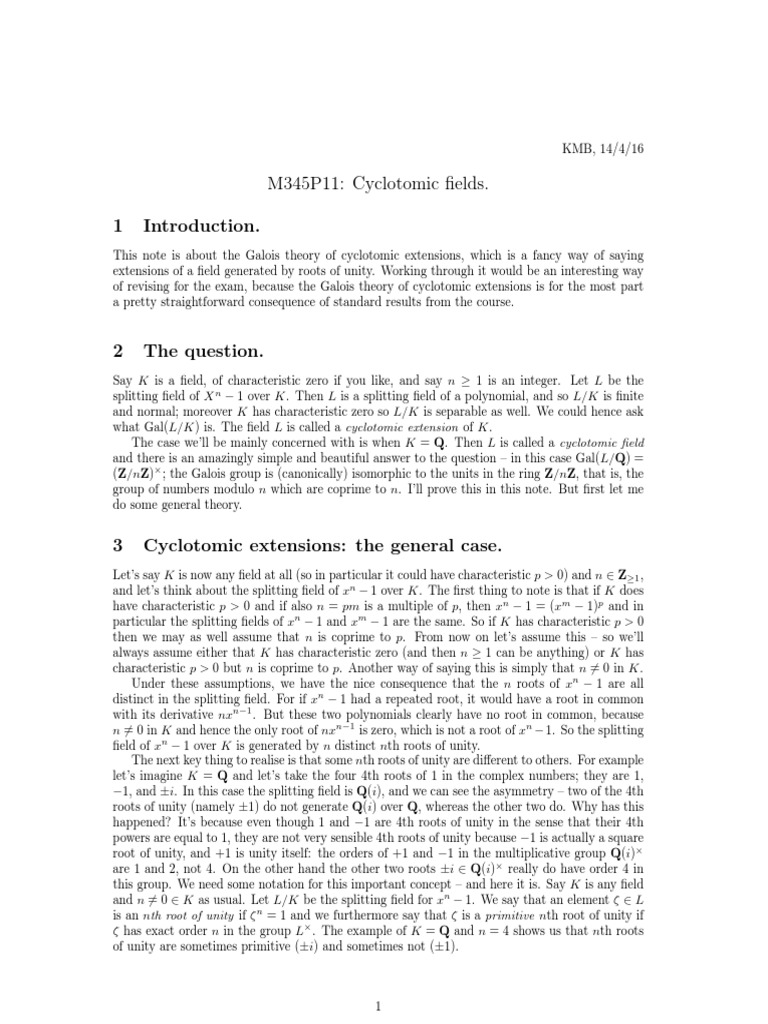 Cyclotomic Fields | PDF | Field (Mathematics) | Group (Mathematics)