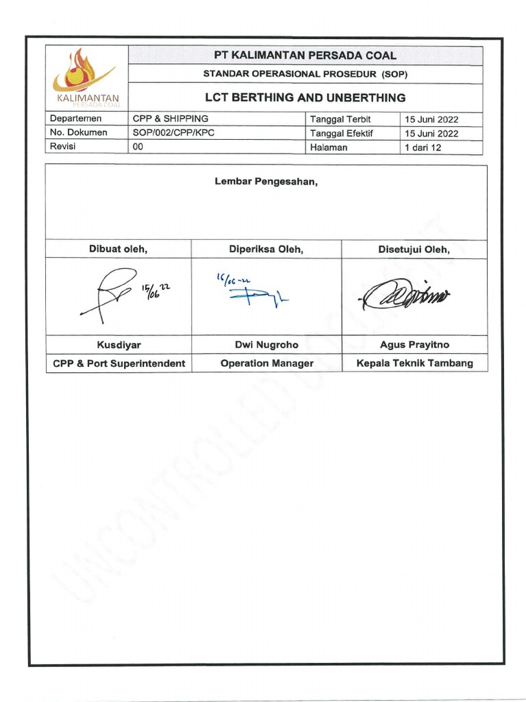 SOP.002.CPP - KPC - LCT Berthing Dan Unberthing | PDF