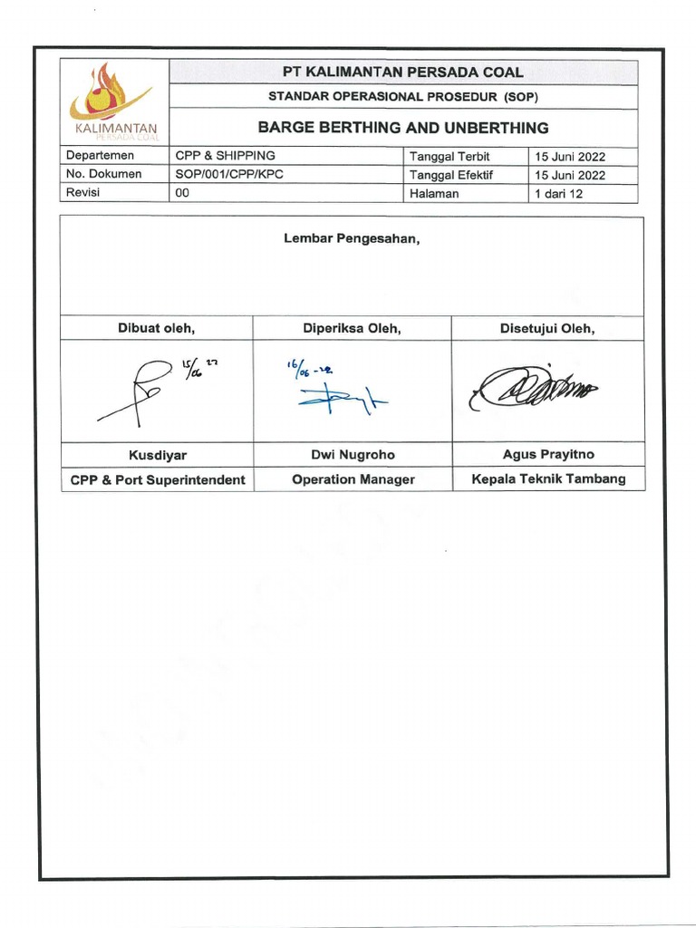 SOP.001.CPP - KPC - Barge Berthing Dan Unberthing | PDF