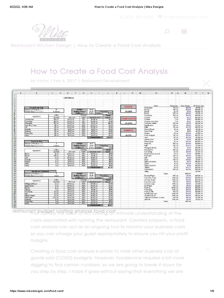 How To Create A Food Cost Analysis - Mise Designs | PDF | Menu ...