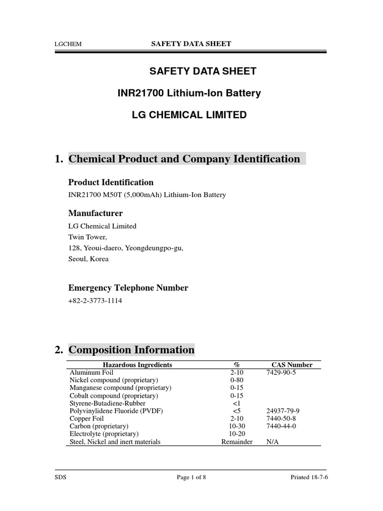 MSDS Battery LG | PDF | Chemistry | Physical Sciences
