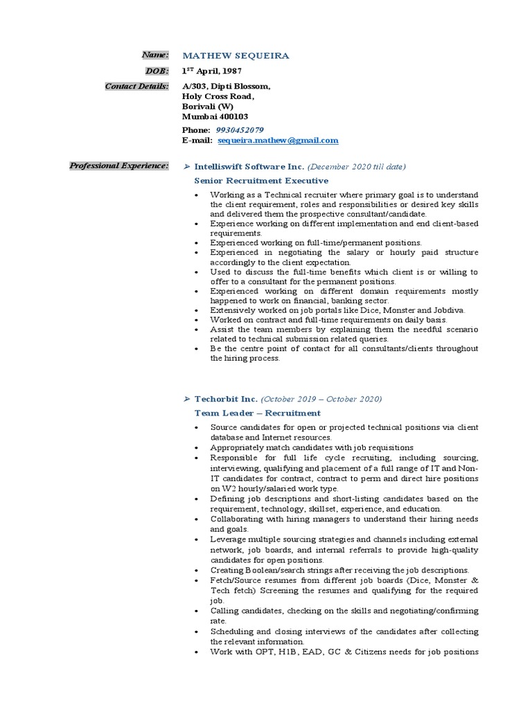 Mathew Sequeira Resume New | PDF | Recruitment | Consultant