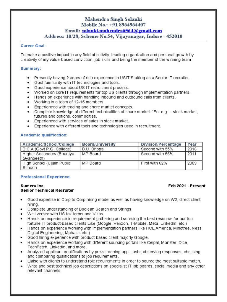 US IT Recruiter Resume - Mahendra Singh Solanki | PDF | Recruitment ...