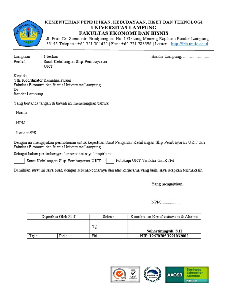 Surat Keterangan Kehilangan Slip Pembayaran Ukt | PDF | Karier & Perkembangan