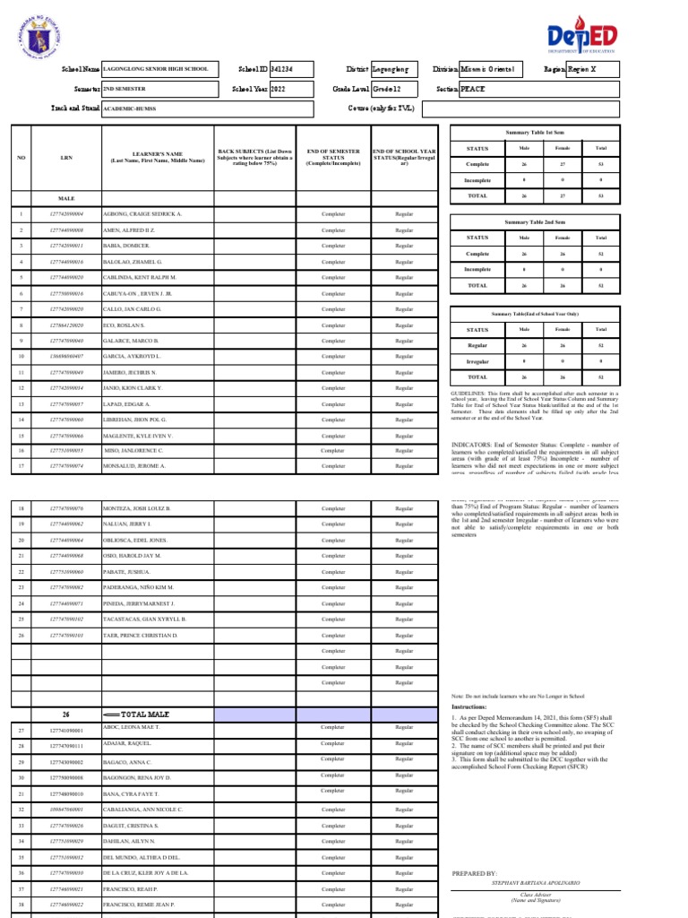 School Form 5A SF 5A 1 PEACE | PDF