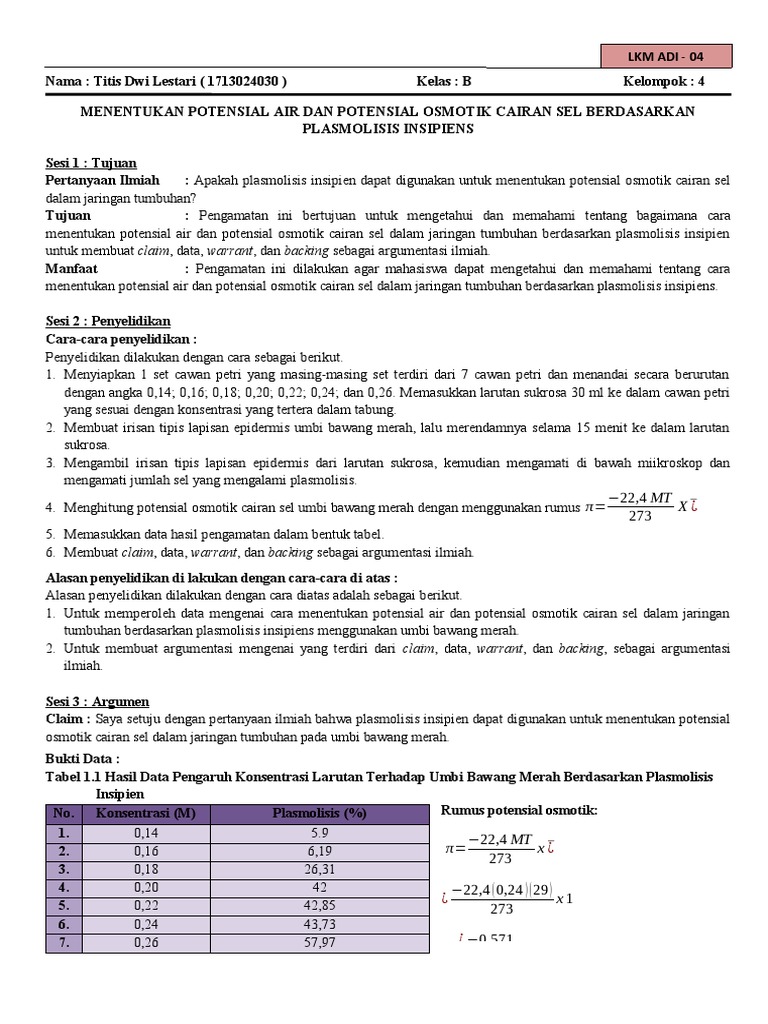 Laprak 4 (Berdasarkan Plasmolisis Insipiens) Fix | PDF