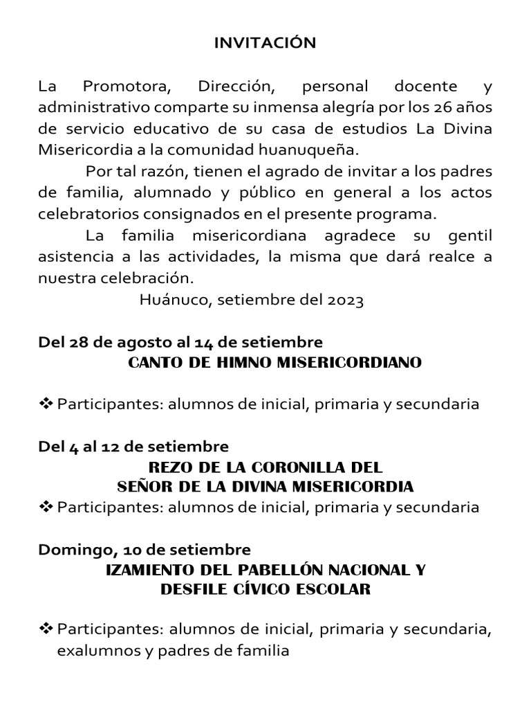 Word Programa Aniversario 2023invitación | PDF