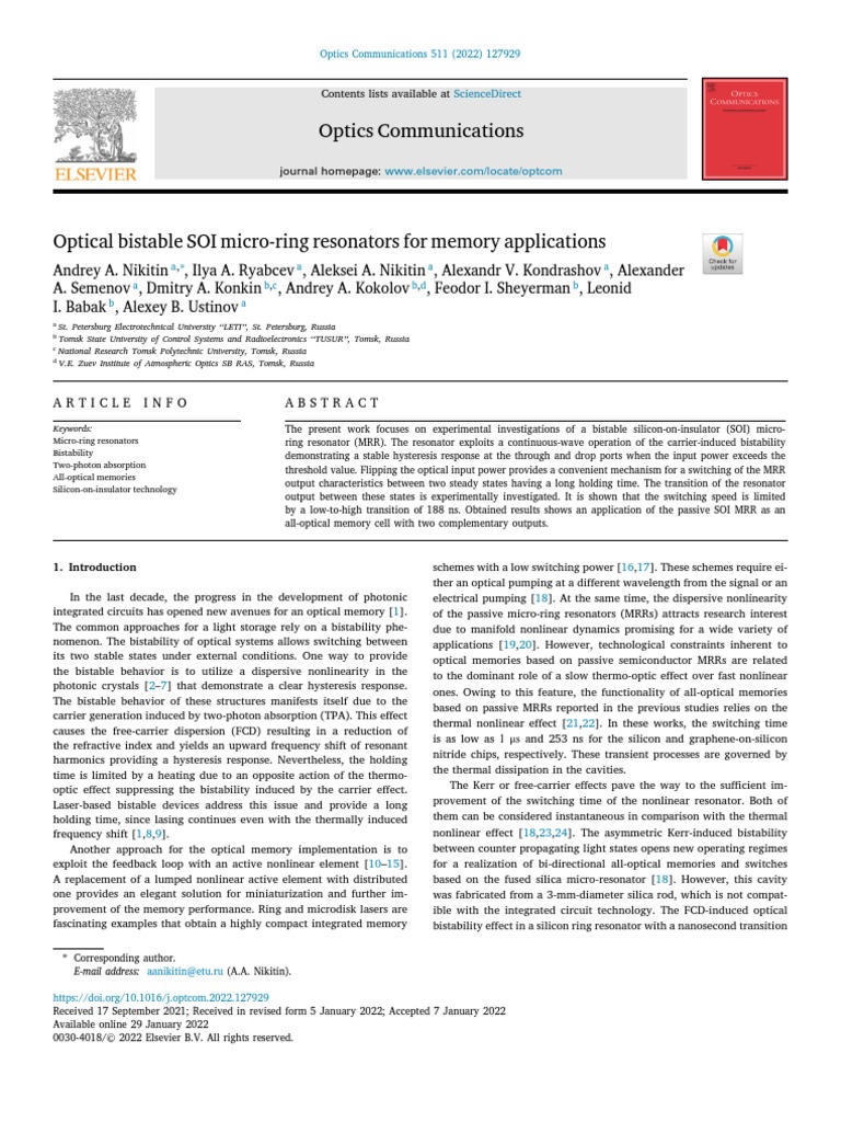 Optical Bistable SOI Micro-Ring Resonators For Memory Applications | PDF | Laser | Nonlinear Optics