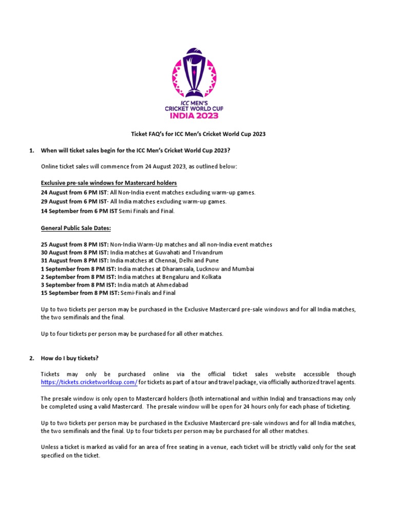 Icc Mens WCC 2023 Faq | PDF | Credit Card | Ticket (Admission)