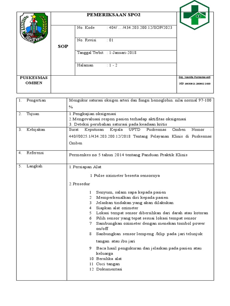Sop Pemeriksaan Spo2 2023 (Uva) | PDF