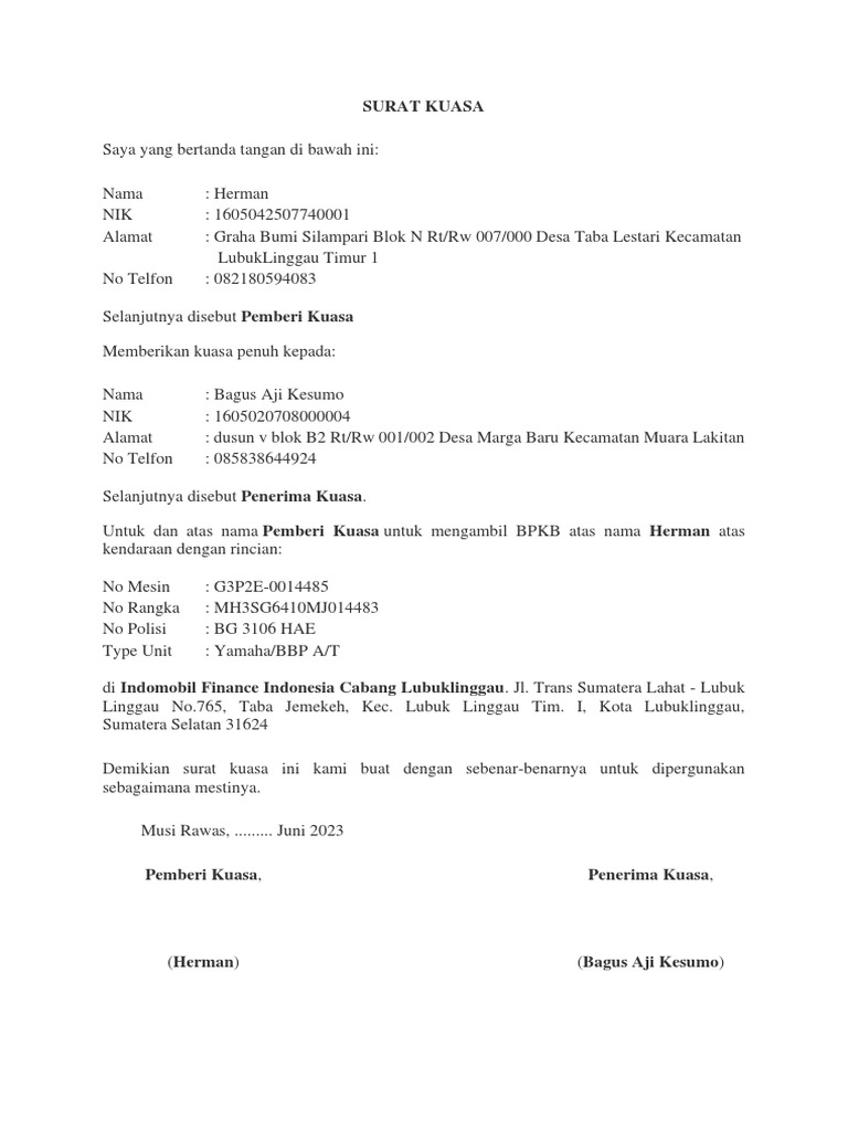 Surat Kuasa Pengambilan BPKB | PDF