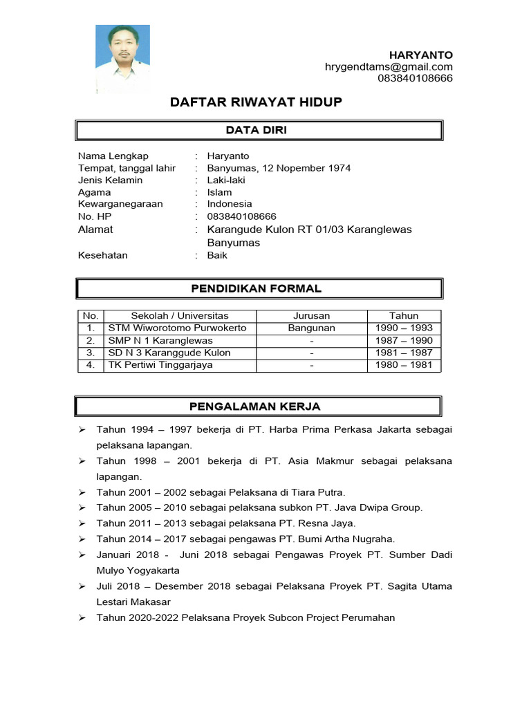 Riwayat Hidup Haryanto: Pendidikan & Karir | PDF
