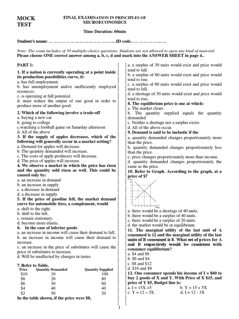 Mock Test - Final Examination - Principles of Microeconomics | PDF ...