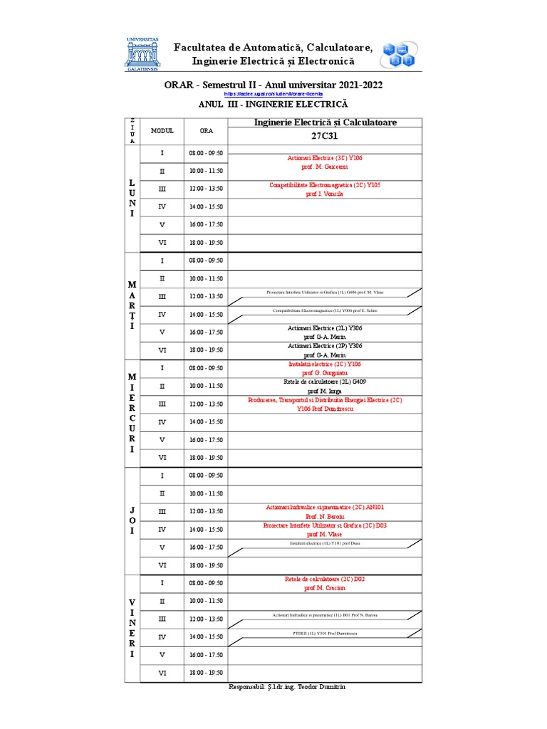 Anul III Inginerie Electrică Orar | PDF | Science & Mathematics