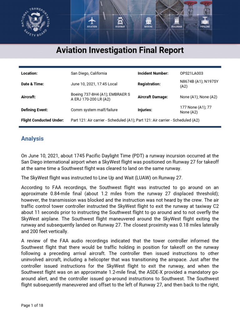 SkyWest-Southwest Runway Incursion Report | PDF | Air Traffic Control ...