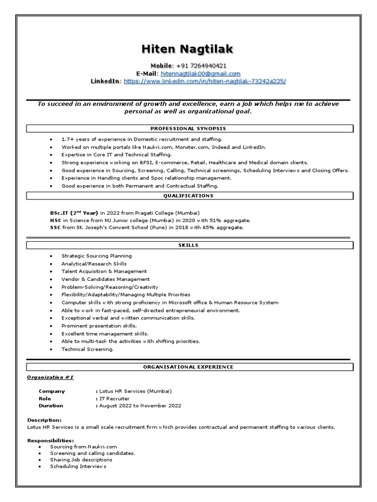 Hiten Updated CV | Download Free PDF | Recruitment | Human Resources