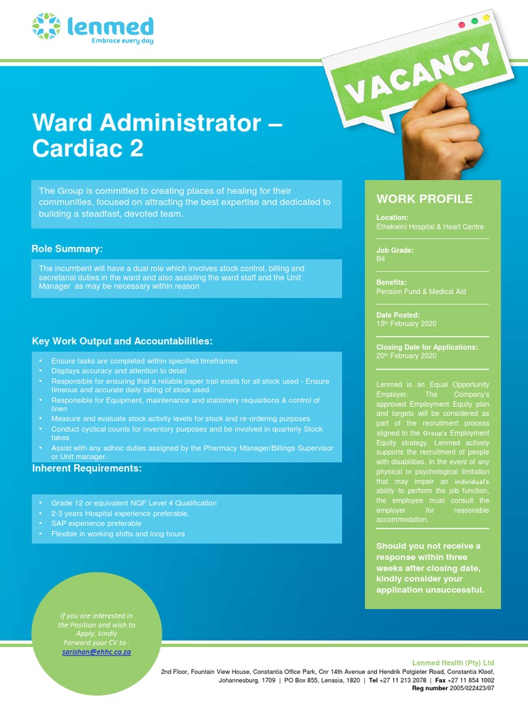 Ward Administrator Cardiac 2 | PDF | Employment | Recruitment