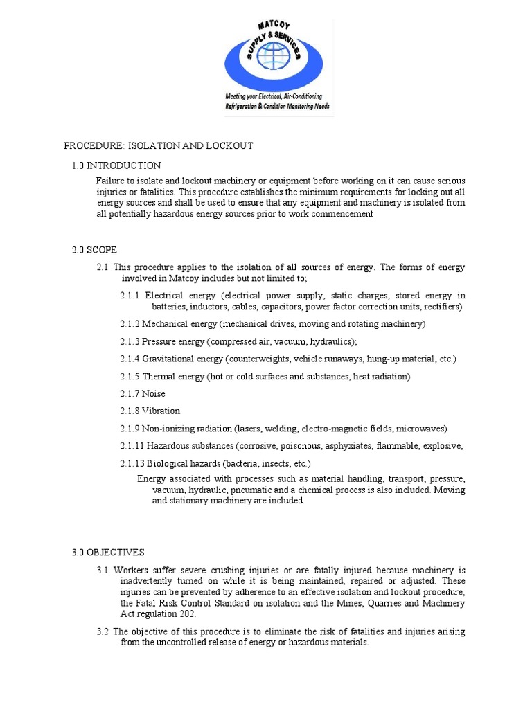 Isolation and Lockout Procedure Guide | PDF