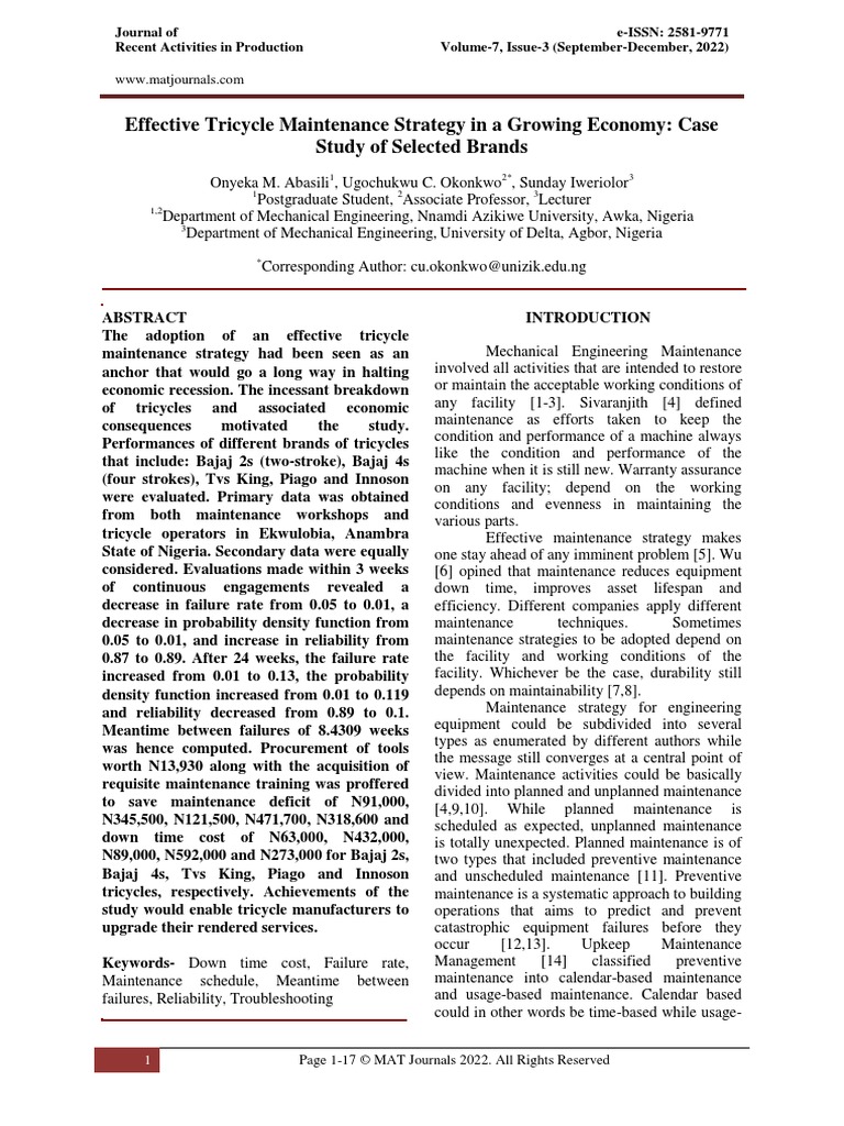 Effective Tricycle Maintenance Strategies | PDF | Reliability ...