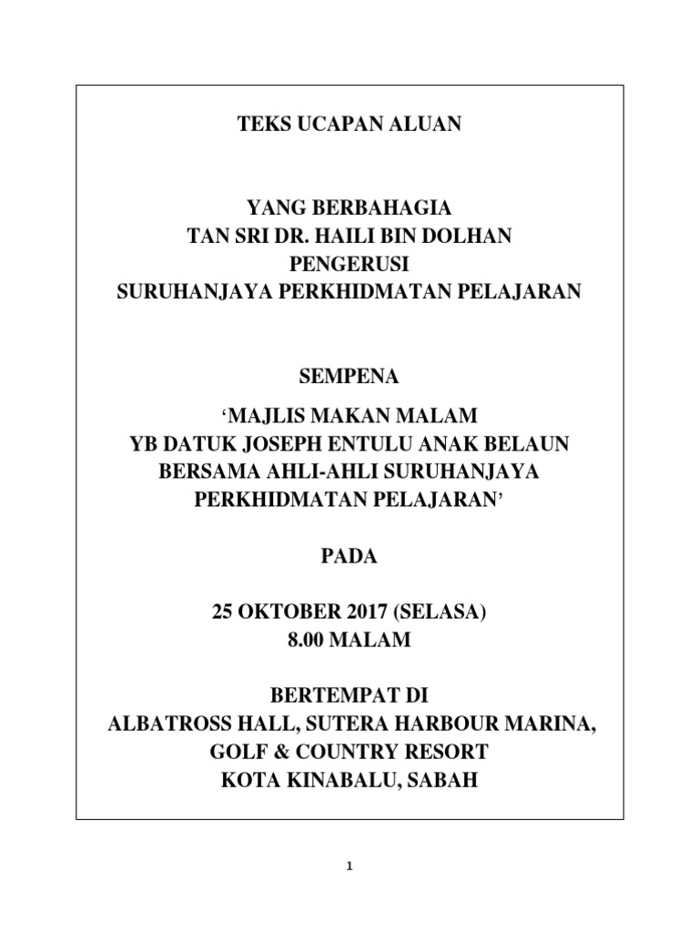 Teks Ucapan Aluan TS Pengerusi Majlis Makan Malam Ybm Dan Asj Sabah | PDF
