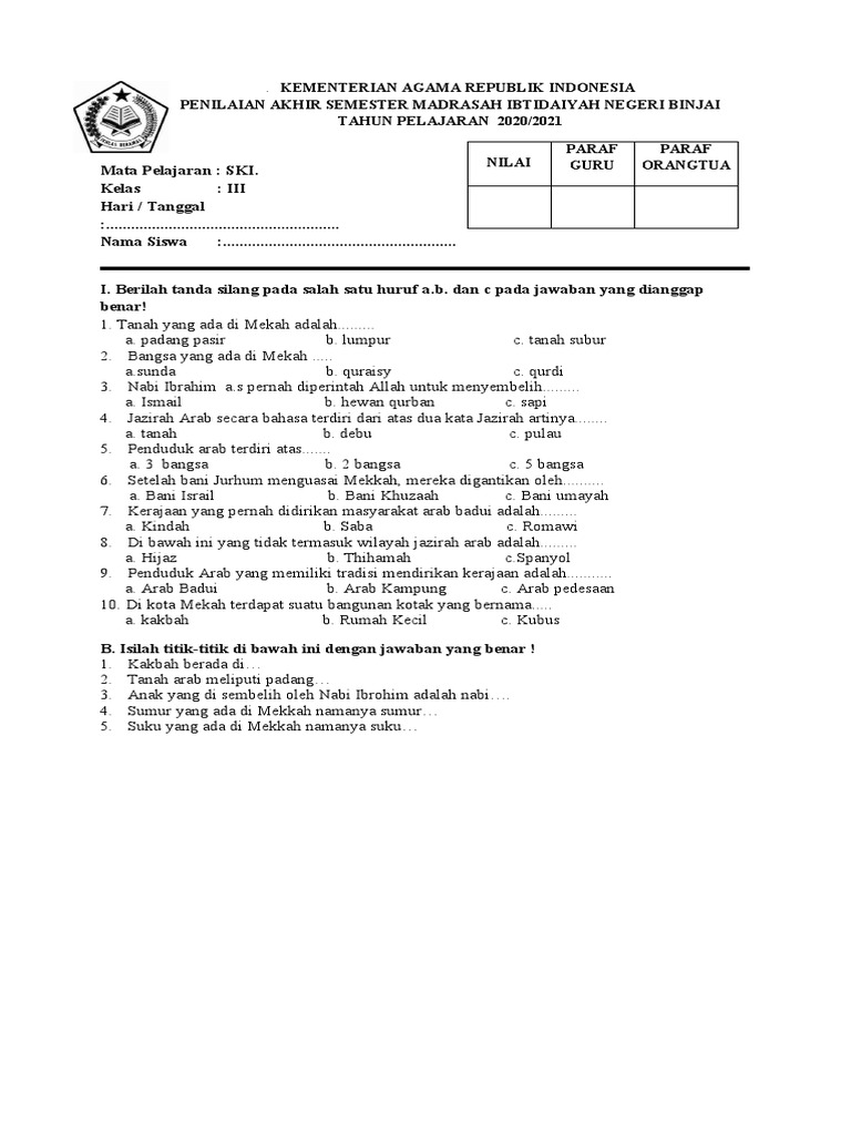 Soal PAS SKI Kelas 3 Sem Ganjil 20-21 OK | PDF