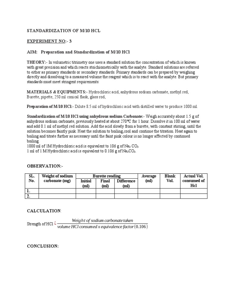 Preparation And Standardization Of Hcl Pdf