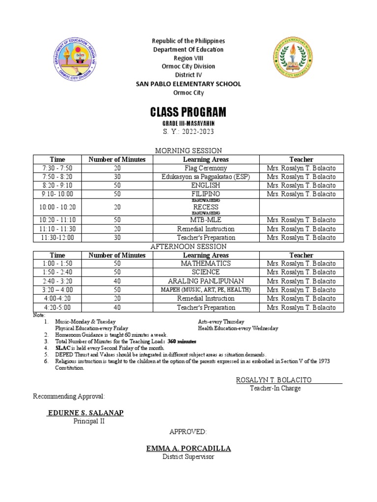 Class Program 2022 2023 | PDF | Teachers