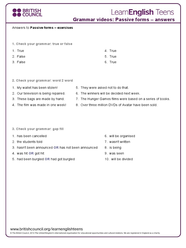 Grammar Videos: Passive Forms - Answers: 1. Check Your Grammar: True or False | PDF