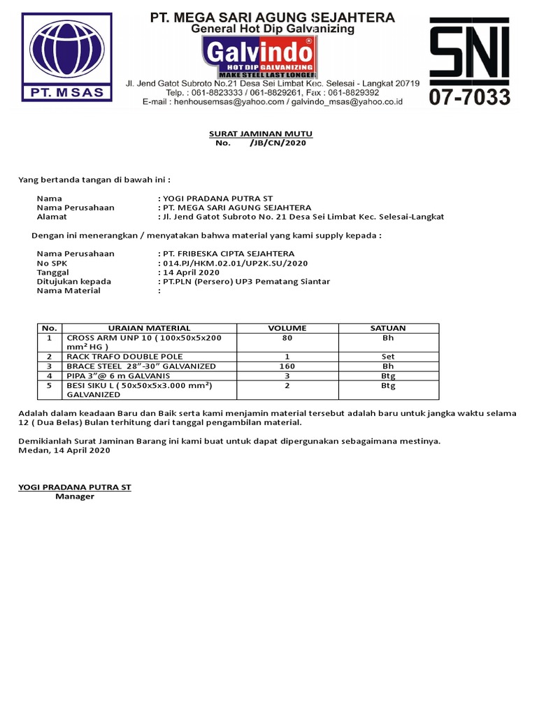 Surat Jaminan Mutu Fribeska 1 | PDF