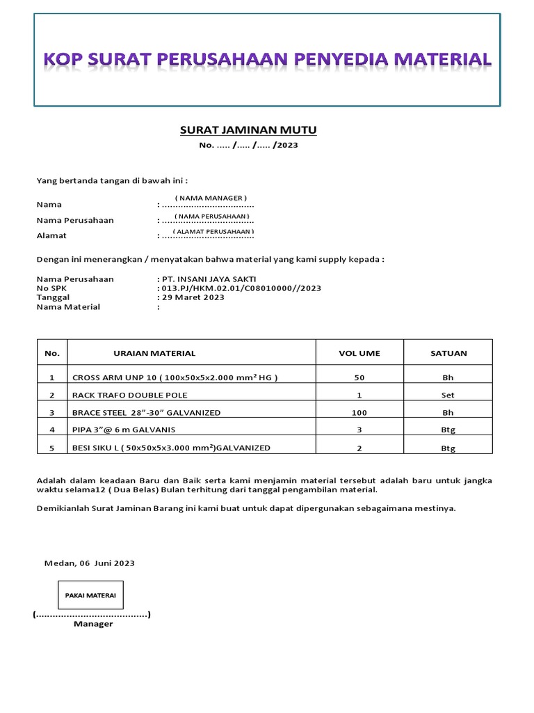 Surat Jaminan Mutu - 013 - Parlilitan | PDF