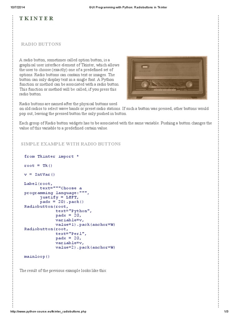 GUI Programming With Python - Radiobuttons in Tkinter | PDF | Button (Computing) | System Software