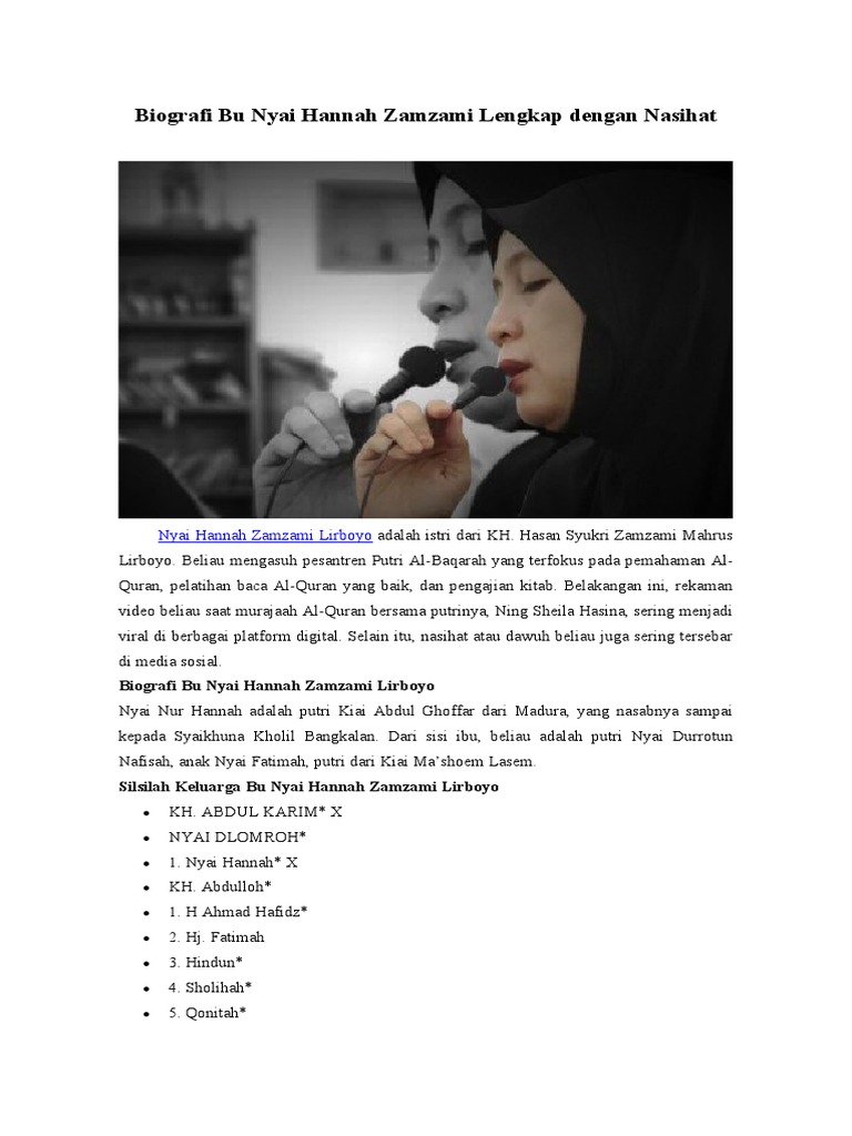 Biografi Bu Nyai Hannah Zamzami Lengkap dengan Nasihat | PDF