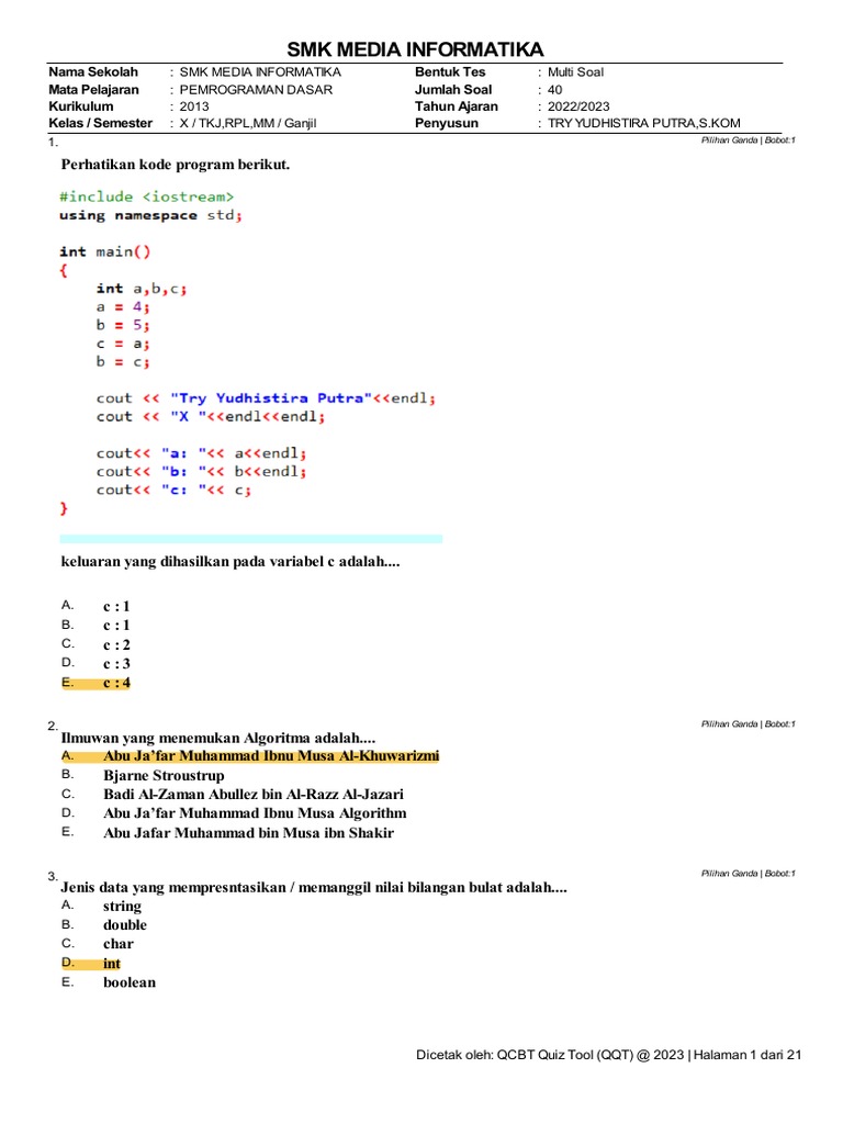 Soal Pemrograman Dasar SMK 2022/2023 | PDF | Komputer