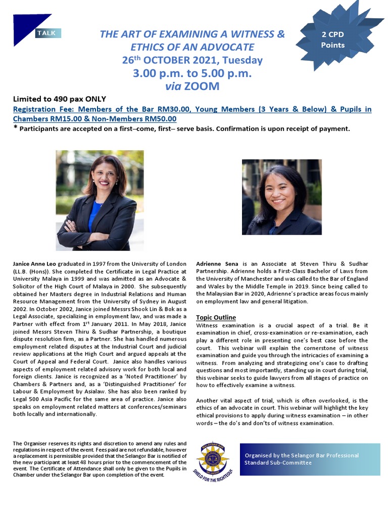 Brochure Talk The Art of Examining A Witness Ethics of An Advocate On 26102021 | PDF | Advocate ...