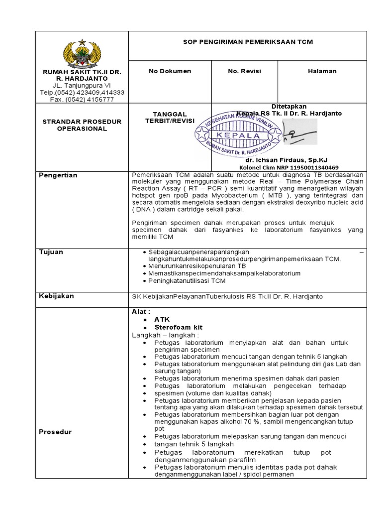 Sop Pengiriman Pemeriksaan TCM | PDF