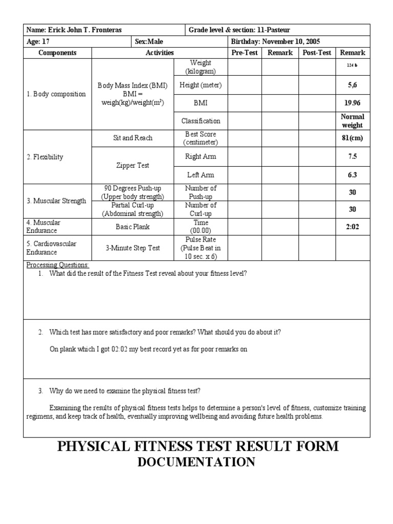 PFT Result Template | PDF | Body Mass Index | Physical Fitness