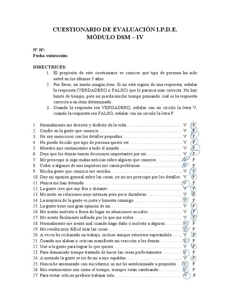 IPDE - Test - DSM IV Resuelto Fermin | PDF
