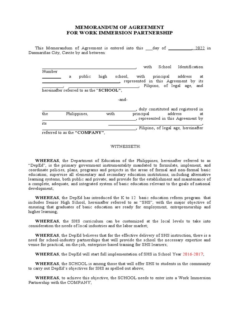 SHS MOA Template | Download Free PDF | Business