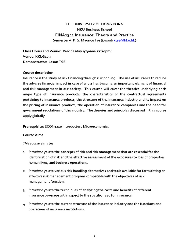 FINA2342 Insurance Course Syllabus | PDF | Academic Dishonesty | Insurance
