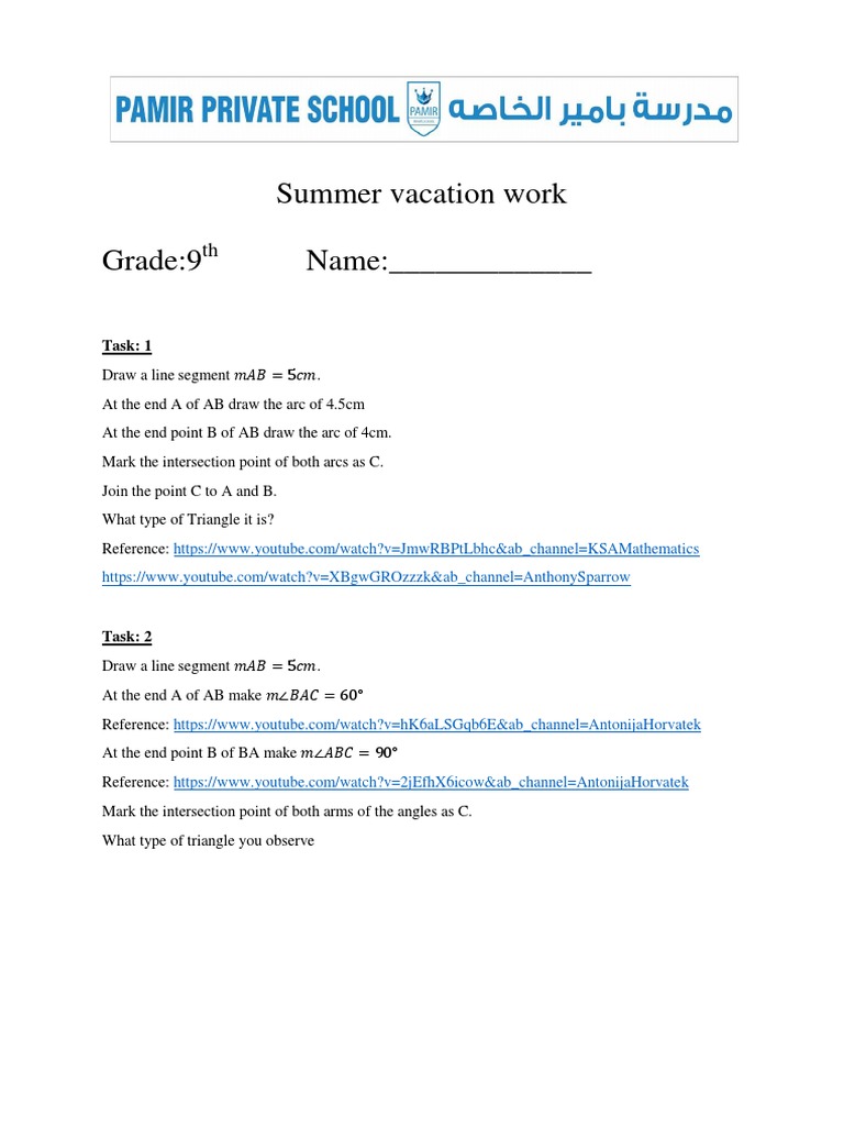 9th Grade Summer Math Tasks Guide | PDF | Triangle | Angle