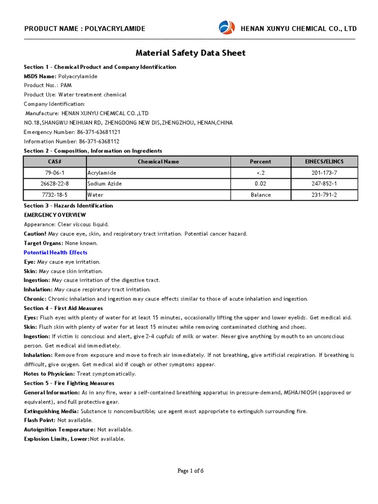 MSDS Polyacrylamide | PDF | Dangerous Goods | Waste