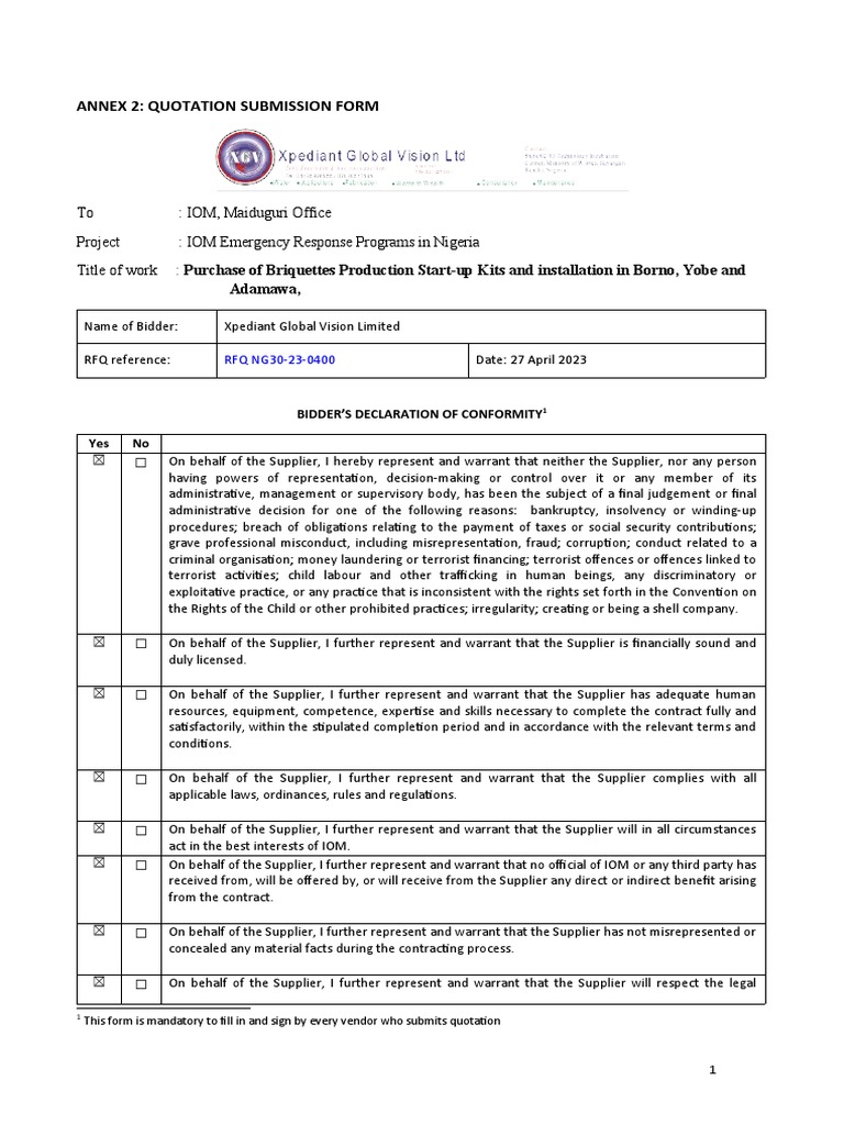 Submission of RFQ For Briquettes Startup Kits and Installation 2023 | PDF