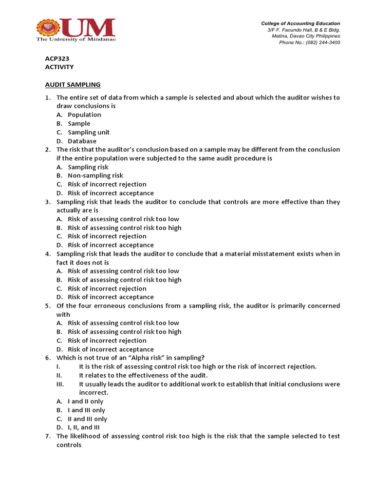 Aud Sampling and Other Reports Activity | PDF | Audit | Financial Audit