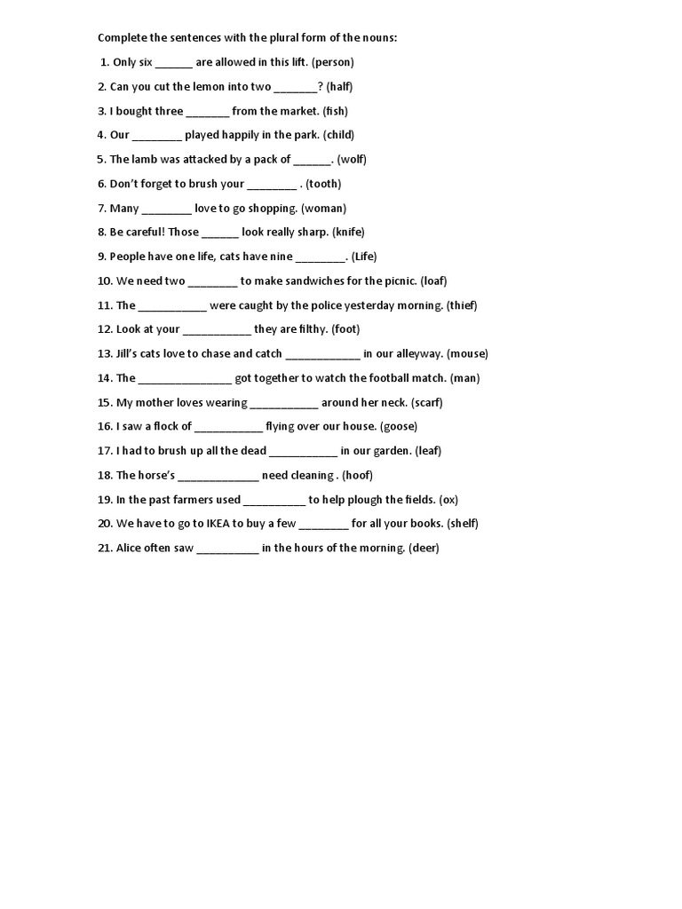Complete The Sentences With The Plural Form of The Nouns | PDF