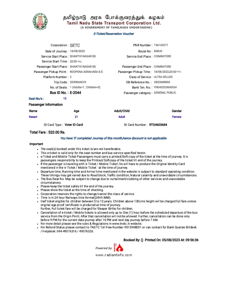 Bus Ticket 18th Aug | PDF | Ticket (Admission) | Identity Document