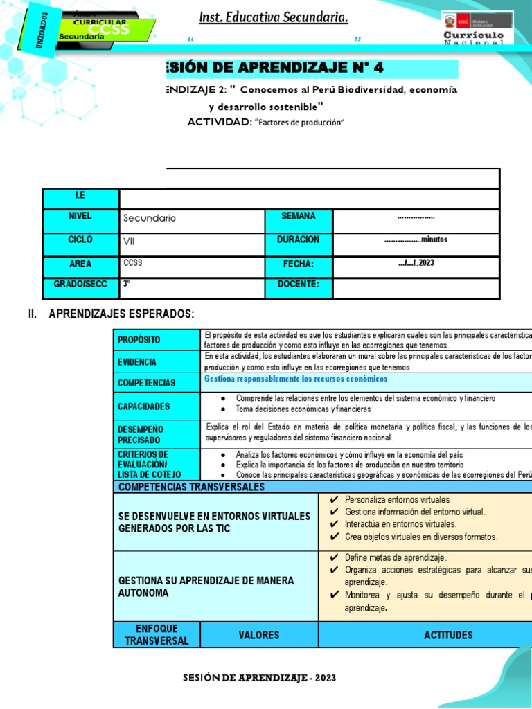 Sesion CCSS 3° Sec-Semana 04 | PDF | Factores de producción | Aprendizaje