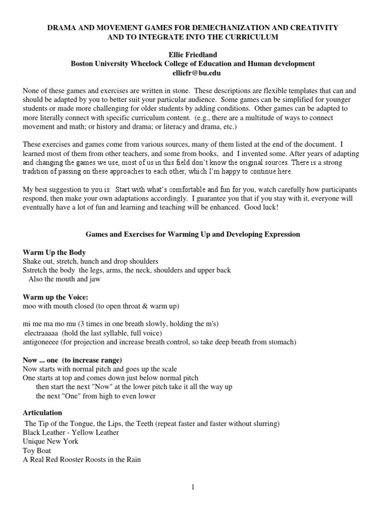 Station 1 Movement and Theater Games Ellie Friedland Fall 2018 | PDF ...